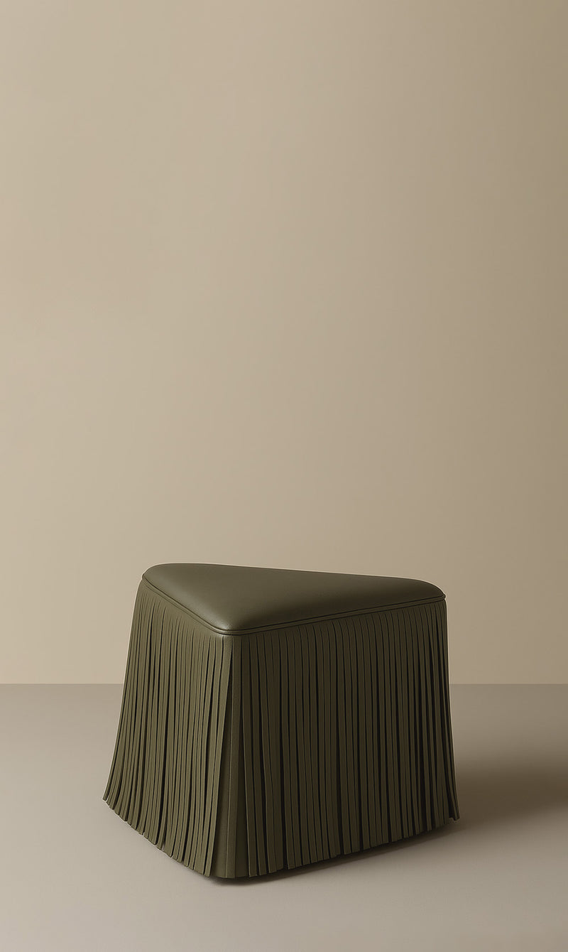 Aiza Fringe Leather Ottoman - Olive