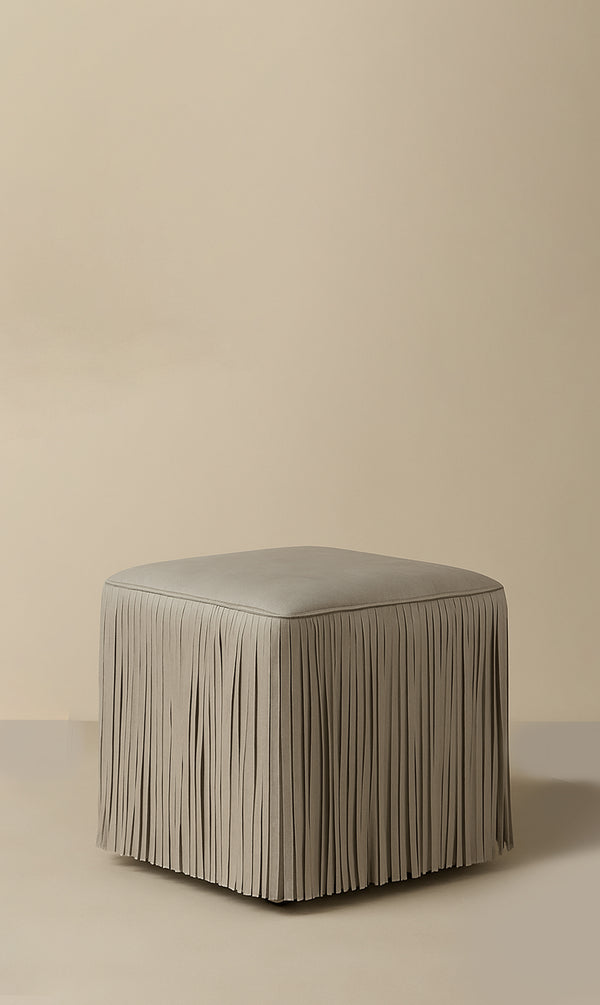 Ina Fringe Leather Ottoman - Stone