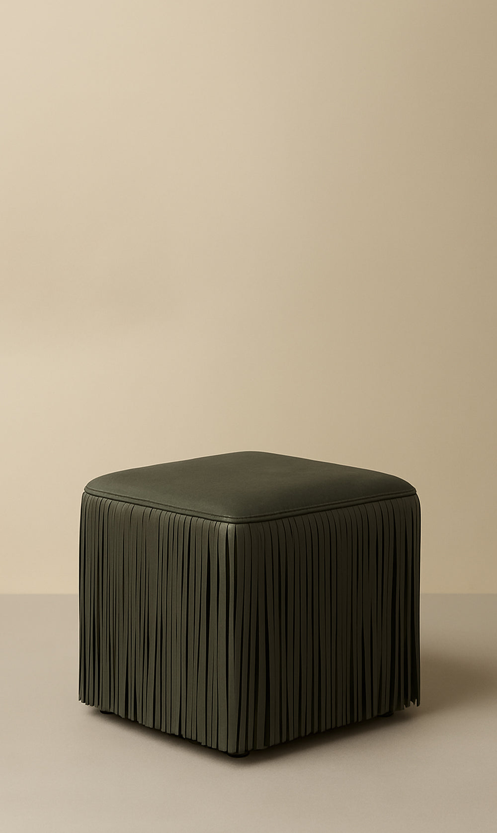 Ina Fringe Leather Ottoman - Olive
