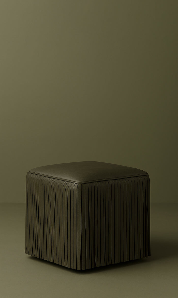 Ina Fringe Leather Ottoman - Olive